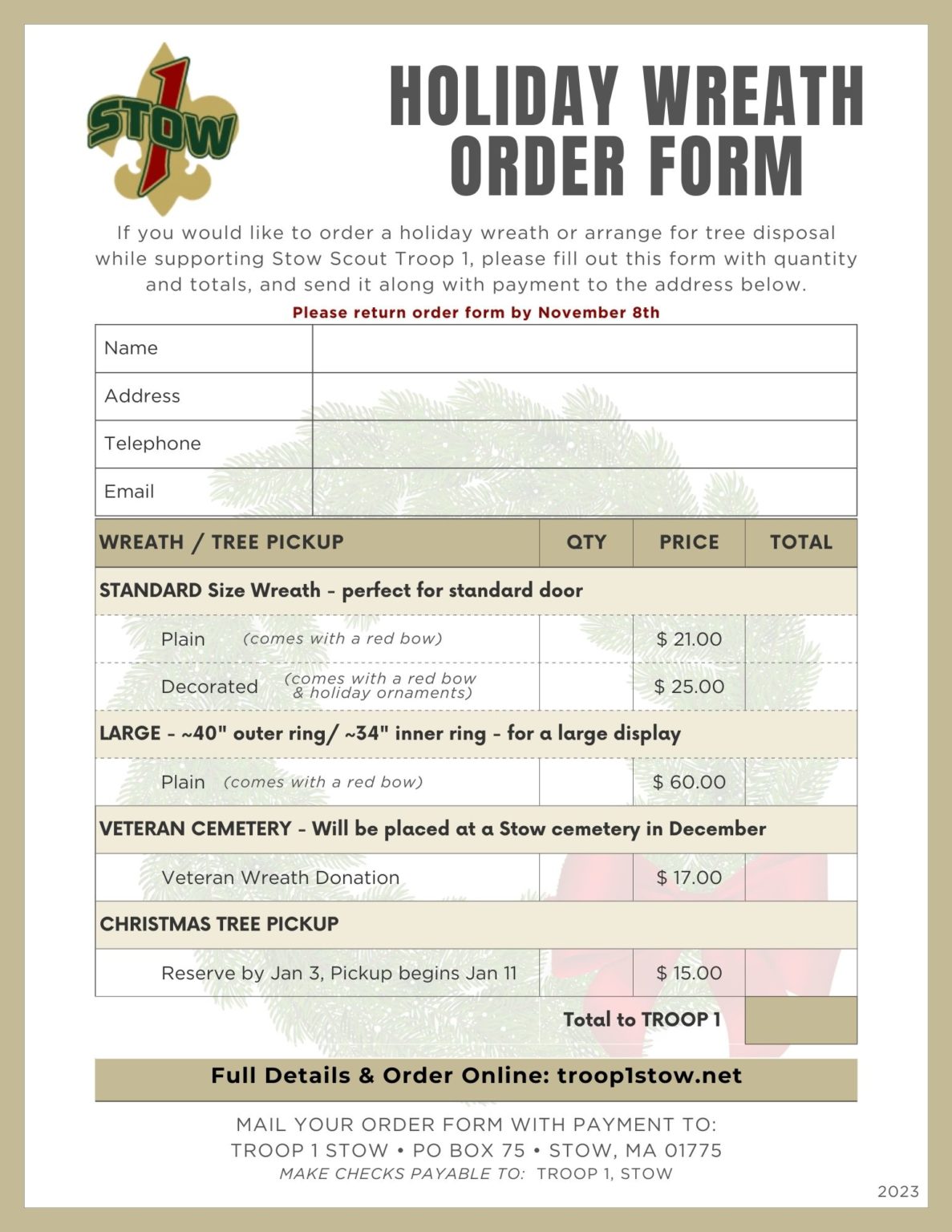 Wreath Order Form | Troop 1 Stow
